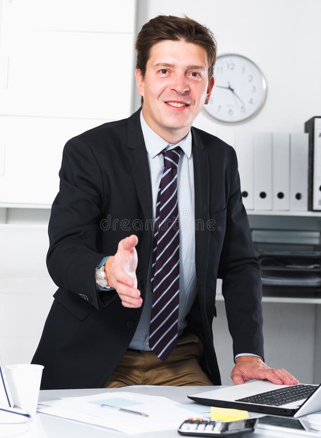 Man in Black Suit Offering One S Hand Stock Image - Image of business ...