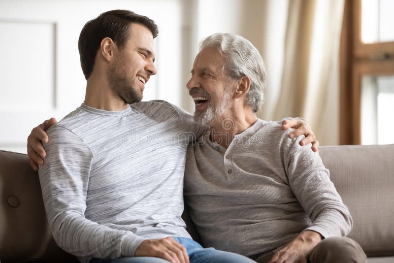 Happy Mature Father Hug Adult Son Showing Love Stock Image Image Of