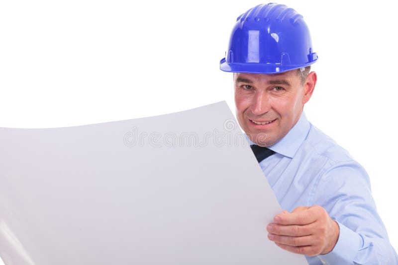 Smiling Old Engineer Reading Project Stock Image - Image of building ...