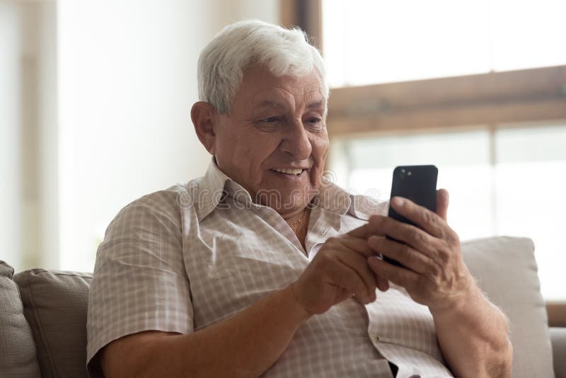 Smiling Older Man Holding Phone, Using Mobile Device Apps Stock Photo ...