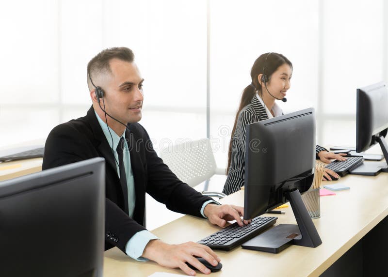 Smiling Operator Caucasian Man Customer Service Agent with Headsets ...