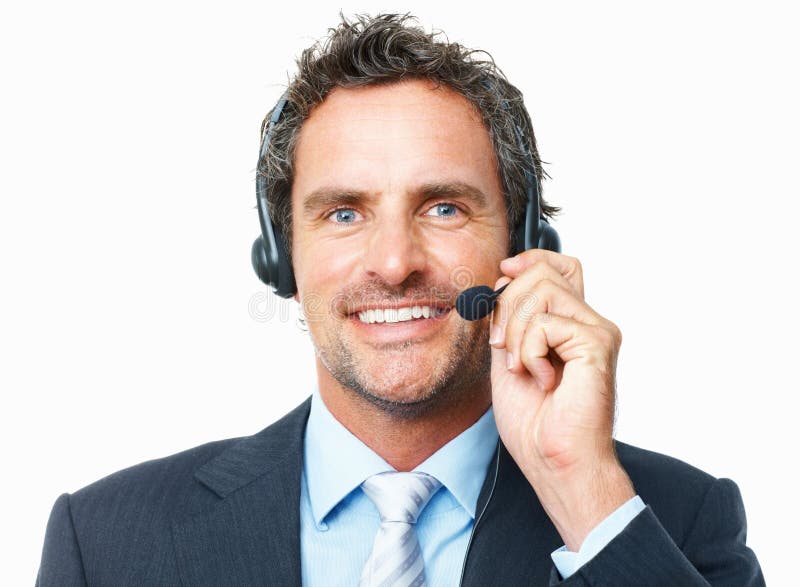 Smiling Operator. Closeup of Smart Mature Operator Talking on Headset ...