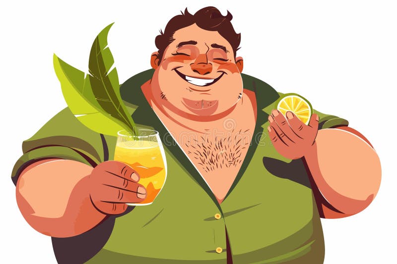 Smiling Overweight Man Holding a Refreshing Tropical Isolated ...
