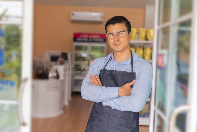 Smiling Owner Standing at His Restaurant Gate with Open Sign Stock ...