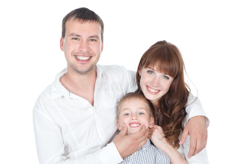 Smiling Parents with Little Son Lying on White Background Stock Image ...