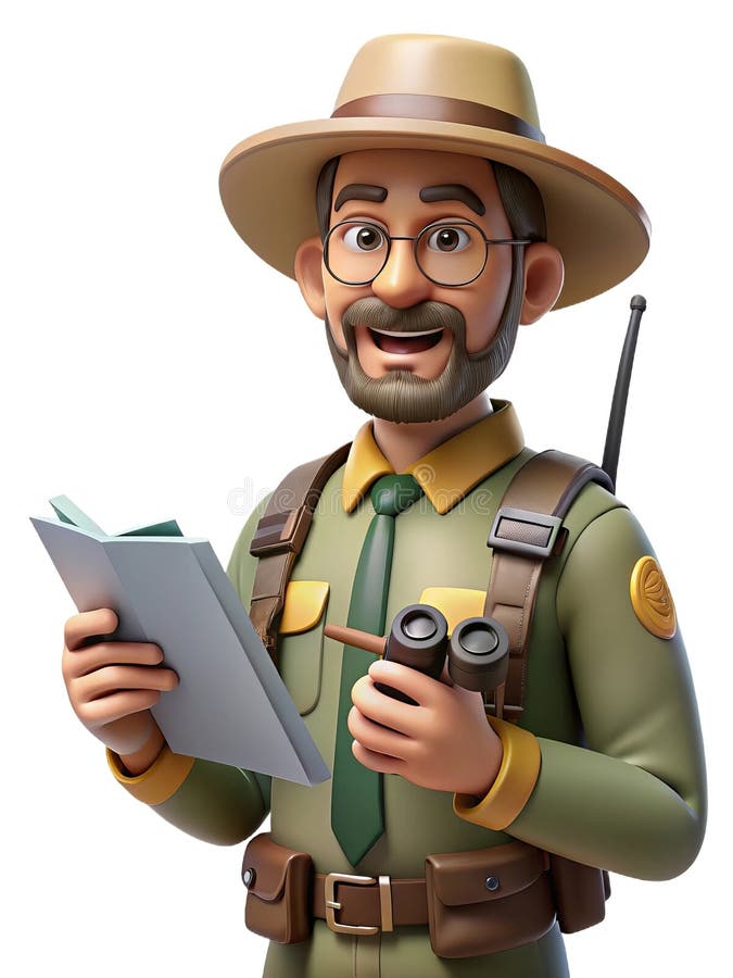 Smiling Park Ranger Character in Uniform Holding Binoculars and ...