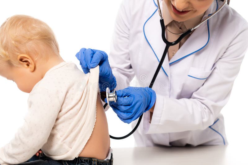 Cheerful Pediatrician Examining Kid with Stethoscope Stock Photo ... Cheerful Pediatrician Examining Kid with Stethoscope Stock Photo ...