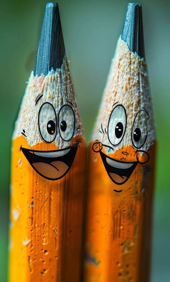 Smiling Pencils Close Up. Two Yellow Pencils with Drawn-on Faces ...