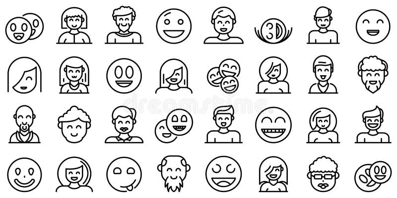 Smiling People Icons Set, Outline Style Stock Vector - Illustration of ...