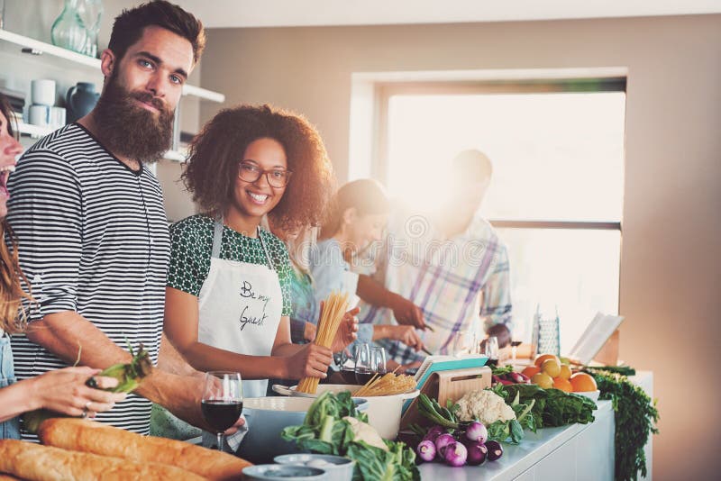 Smiling People Looking at Camera while Cooking Stock Image - Image of ...