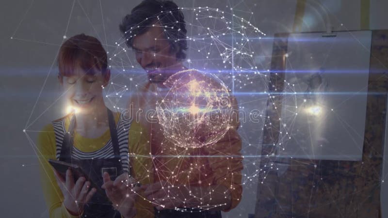 Smiling People Using Tablet with Digital Network and Globe Animation ...