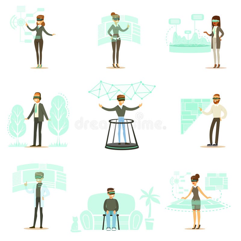 Smiling People Using Virtual Reality Technology Set of Cartoon Scenes ...