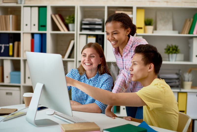 Smiling People Working with Computer Stock Image - Image of school ...