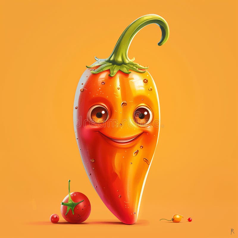 Smiling Pepper Character with Tomato and Cherry Tomato on Orange ...