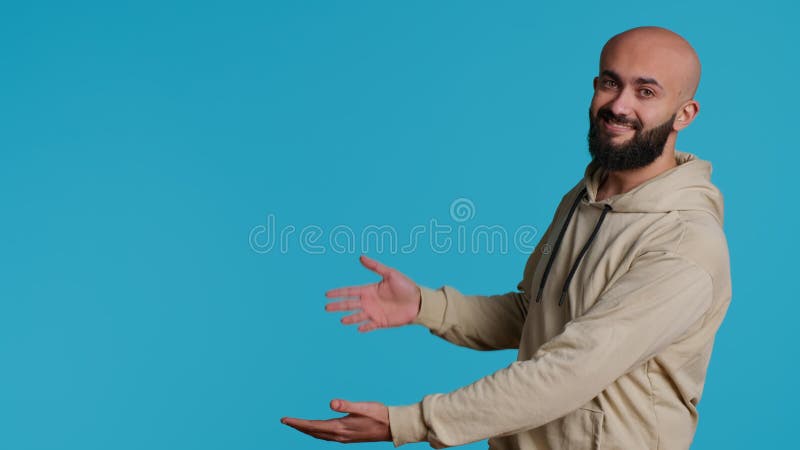 Smiling Person Advertising Something on Camera Stock Video - Video of ...