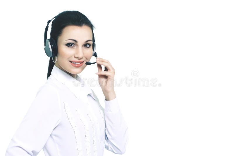 Smiling Phone Operator in Headphones with Microphone, Holding the His ...