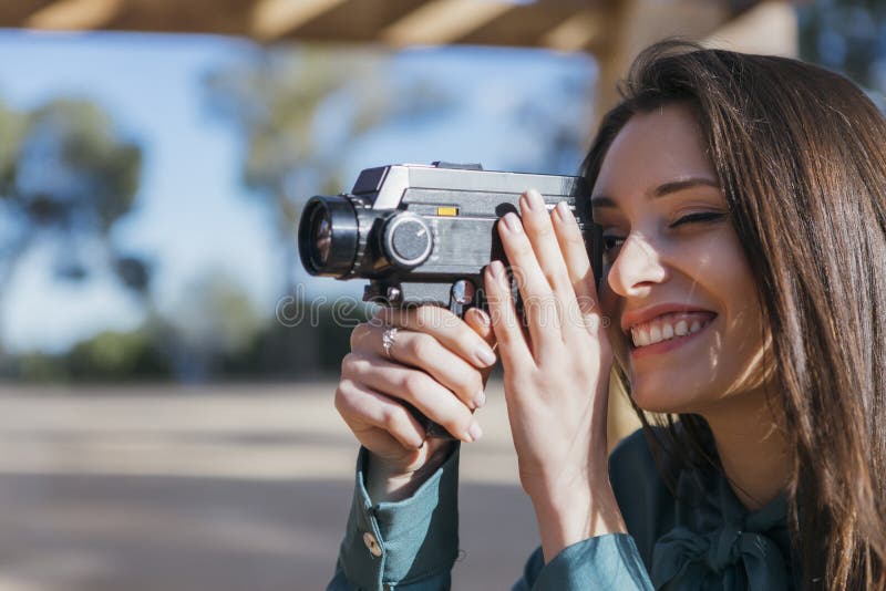 Smiling Photographer with Old Camera Stock Image - Image of background ...