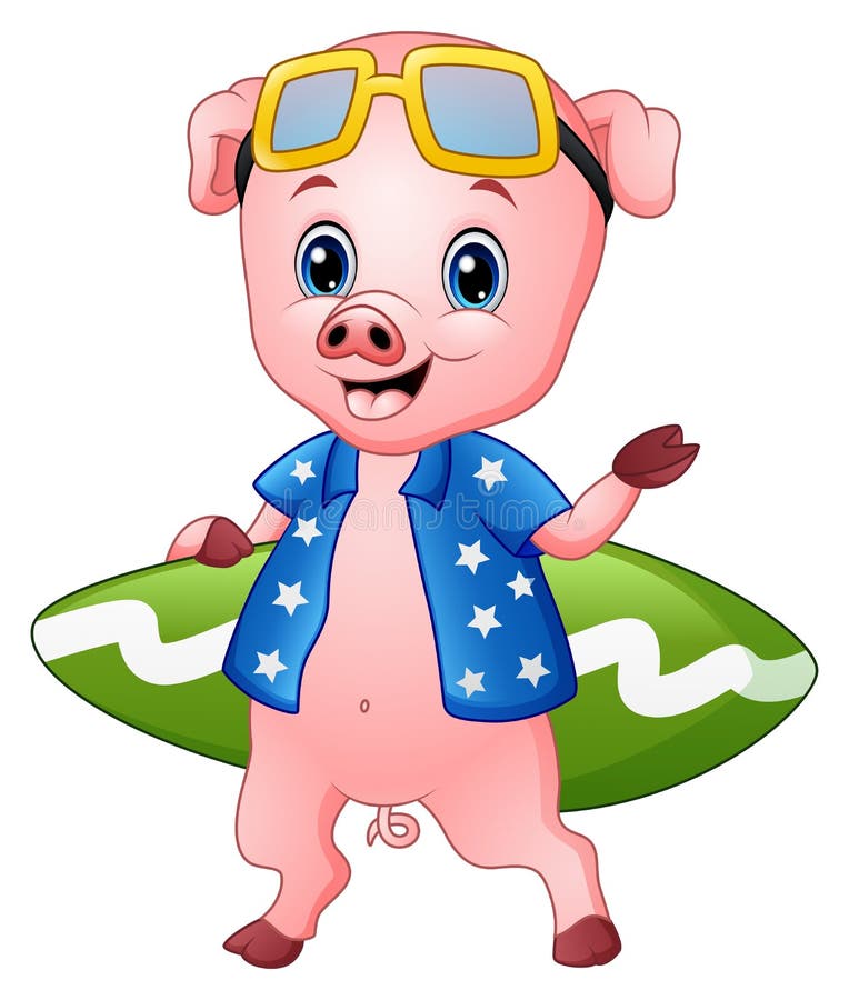 Smiling Pig Cartoon with Surfboard Stock Vector - Illustration of ...