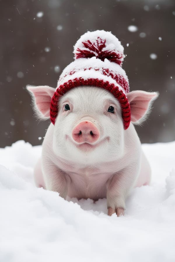 Smiling Pig in Red Winter Hat Sitting in Snowy Setting Stock ...