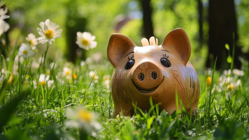Smiling Piggy Bank in a Sunny Spring Meadow Stock Illustration ...