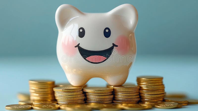 Smiling Piggy Bank Surrounded Stacks Coins Blue Background Stock Photos ...