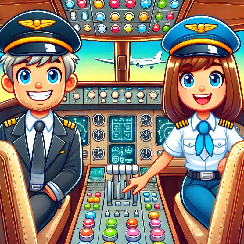 Smiling Pilots Maneuvering Airplane from Cockpit Stock Illustration ...