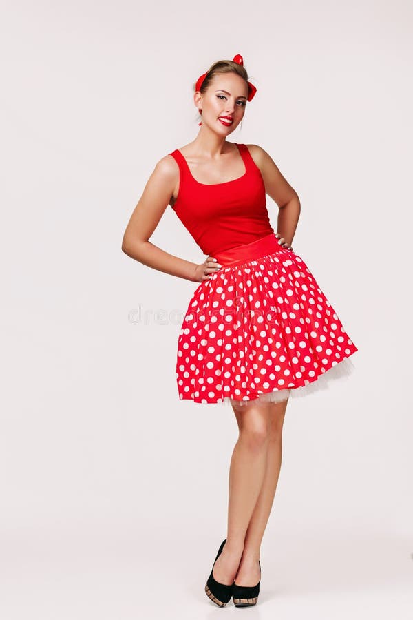 Smiling Pin Up Woman In Polka Dot Red Dress Stock Image Image Of