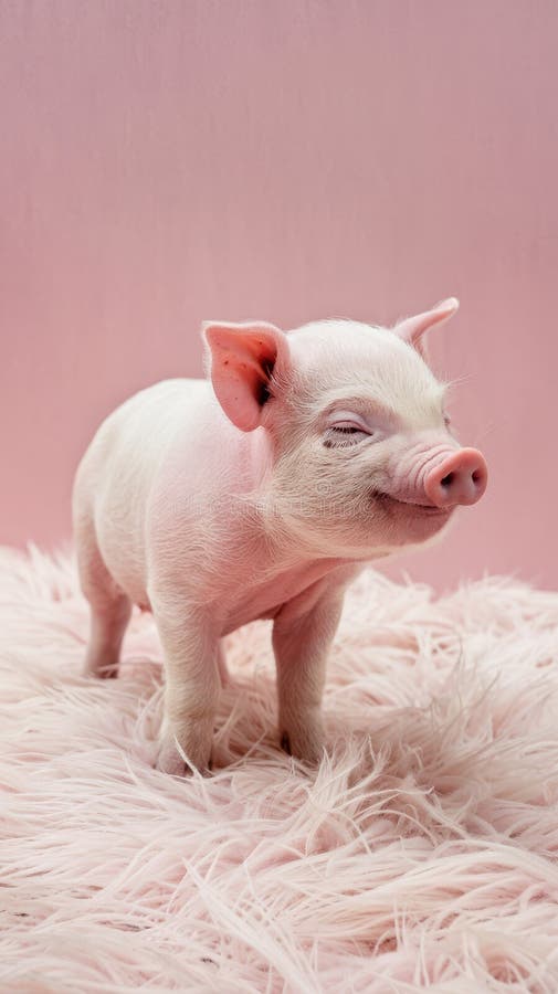 Smiling Pink Piglet on Soft Light Pink Material, Eyes Closed Stock ...
