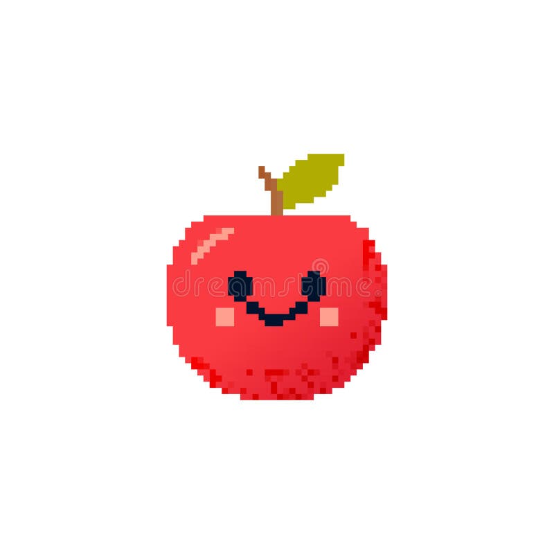 Smiling Pixel Art Apple with Leaf and Cute Face. Bright Red Apple ...