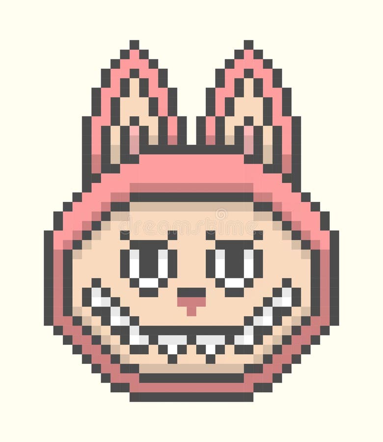 Smiling Pixel Art Face with Pink Ears and Sharp Teeth. Vector ...