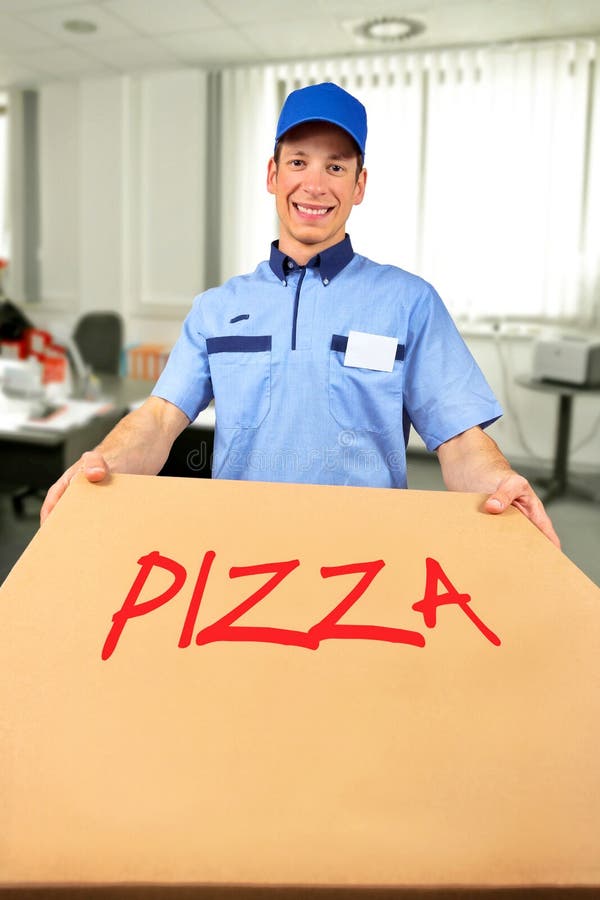 Smiling Pizza Delivery Man Holding Pizza Box Stock Photo - Image of ...