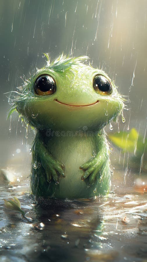 Smiling Plant Creature in the Rain with Large Expressive Eyes Stock ...