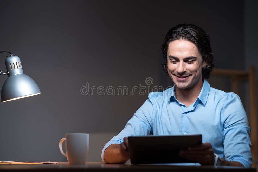 Smiling Pleasant Yang Man Working on Laptop . Stock Photo - Image of ...
