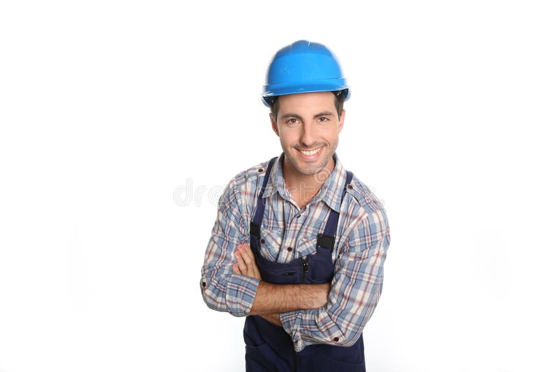 Smiling Plumber with Blue Helmet Stock Image - Image of repairman ...