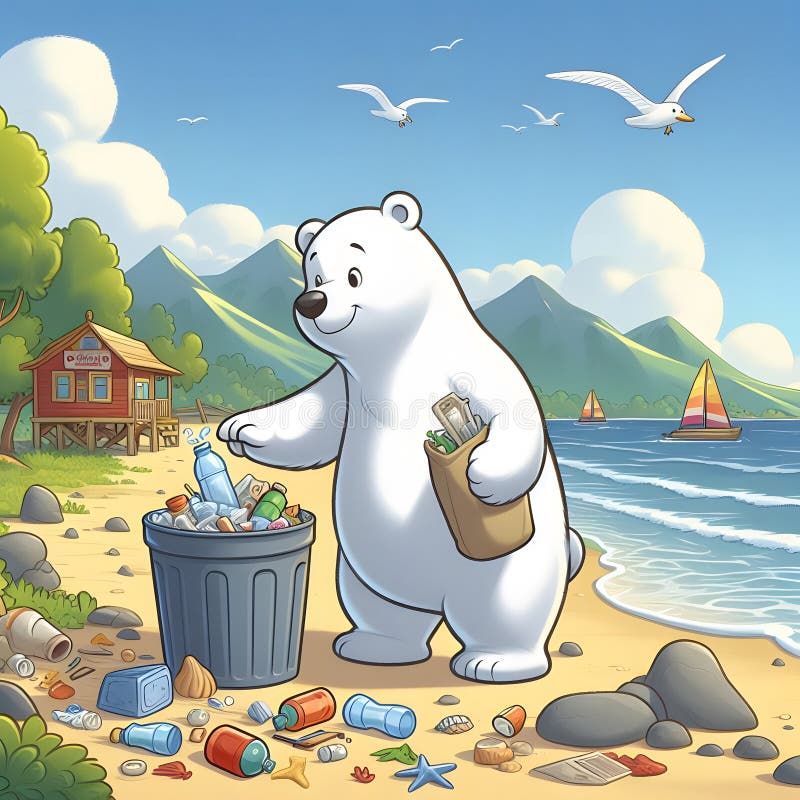 Smiling Polar Bear Helping Clean the Beach. Recycle Concept. Generative ...
