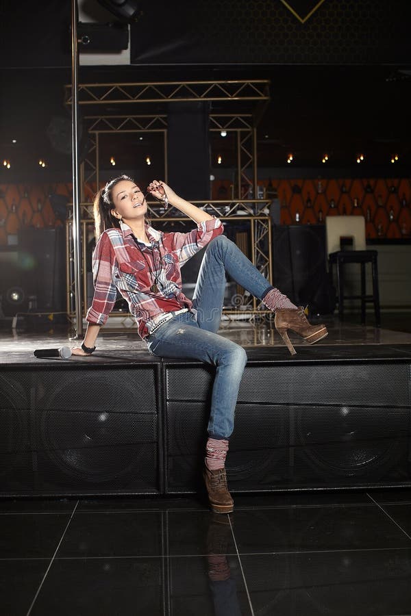 Smiling Pop Star Singer with Microphone Stock Image - Image of blond ...