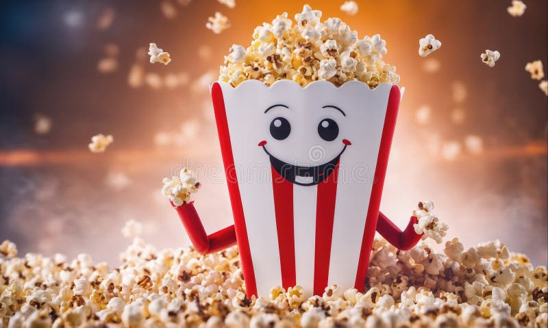 A Smiling Popcorn Bucket is Surrounded by Popcorn Stock Photo - Image ...