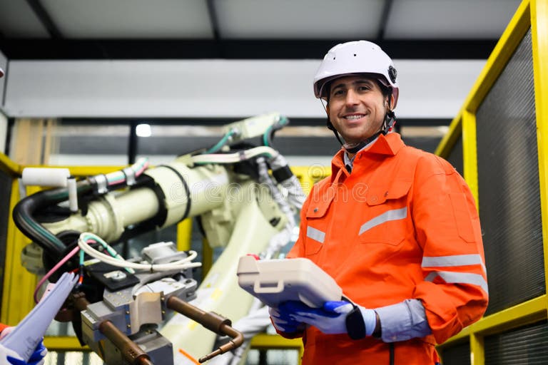 Smiling Portrait of Robotics Engineer Working and Solving Problems ...