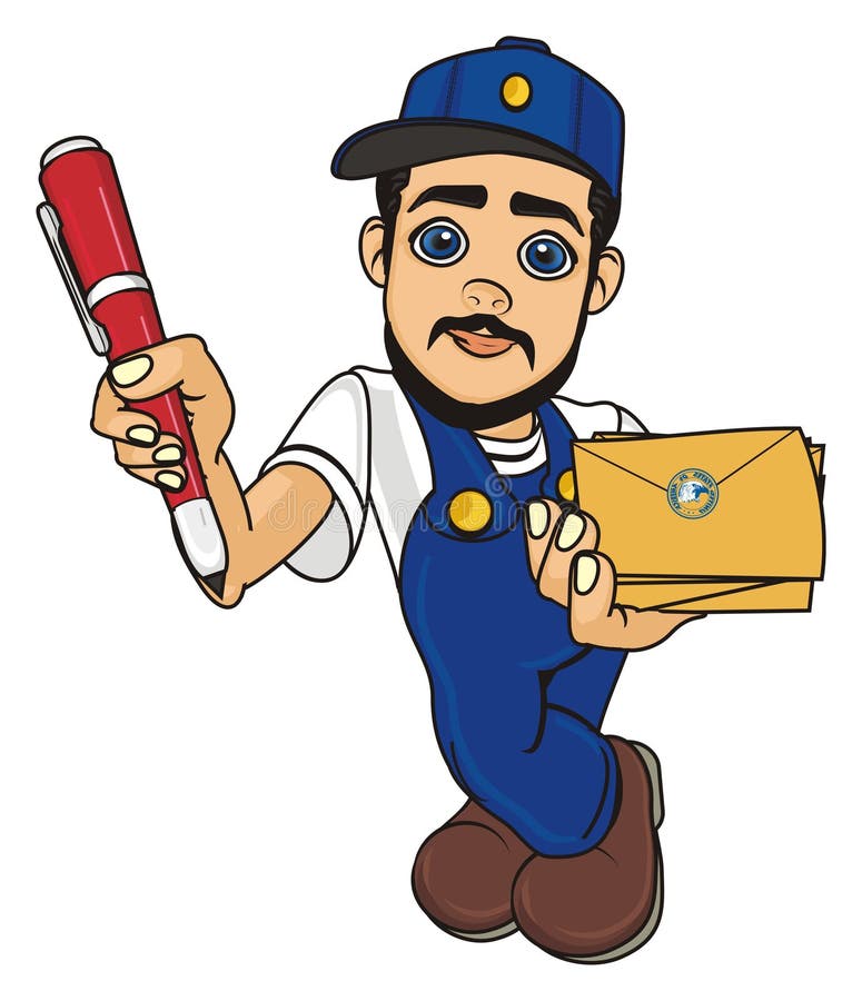 Smiling Postman in Blue Uniform Holding Clipboard Cartoon Character ...