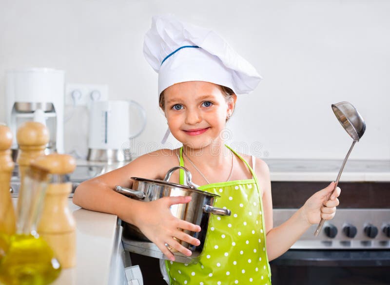 Smiling Preschooler Posing with Pan Stock Photo - Image of condiment ...