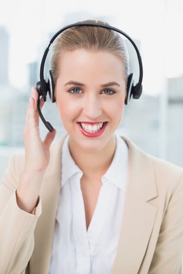 Smiling Pretty Call Centre Agent Wearing Headset Stock Image - Image of ...