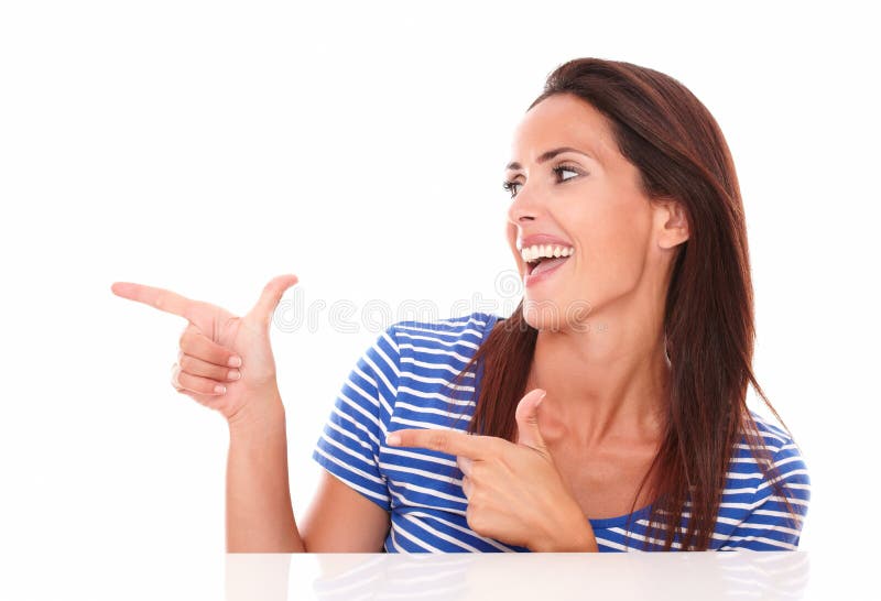 Smiling Pretty Female Pointing To Her Right Stock Photo - Image of ...