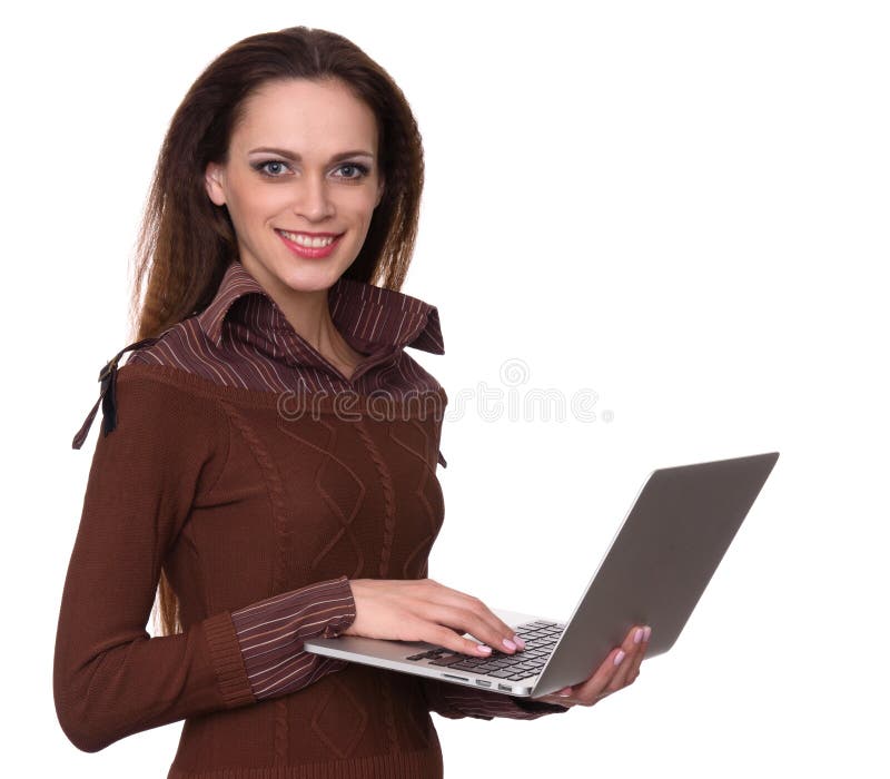 Smiling Pretty Woman Use Laptop Computer. Isolated Stock Image - Image ...
