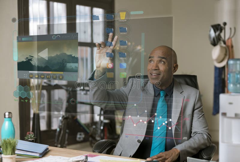 Smiling Professional Man Selecting Folder a Futuristic Computer Stock ...