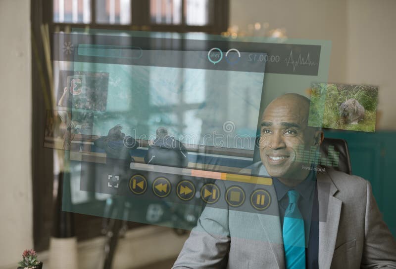 Smiling Professional Man Watching a Futuristic Video Screen Stock Image ...