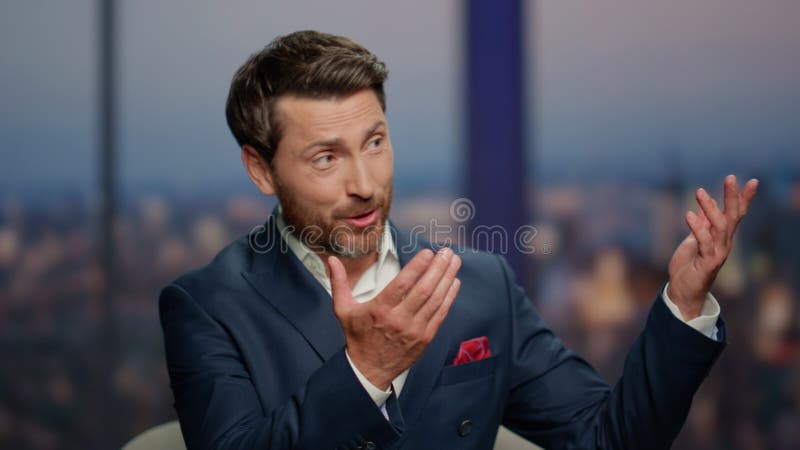 Smiling Program Guest Talking To Unknown Presenter in Studio Channel ...