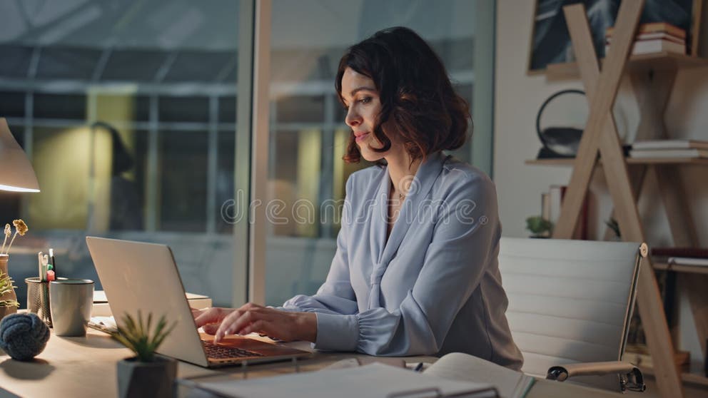 Smiling Programmer Finish Work on Computer at Night Office Satisfied ...