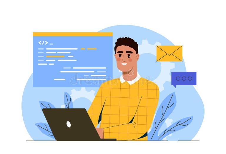 Smiling Programmer at His Computer Desk. Vector Illustration Stock ...