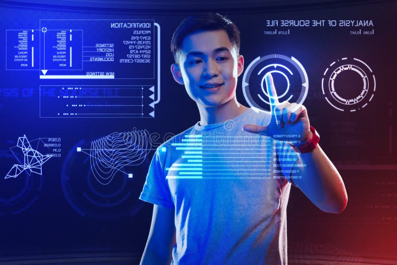 Smiling Programmer Looking Happy while Touching Visual Elements on the ... Smiling Programmer Looking Happy while Touching Visual Elements on the ...