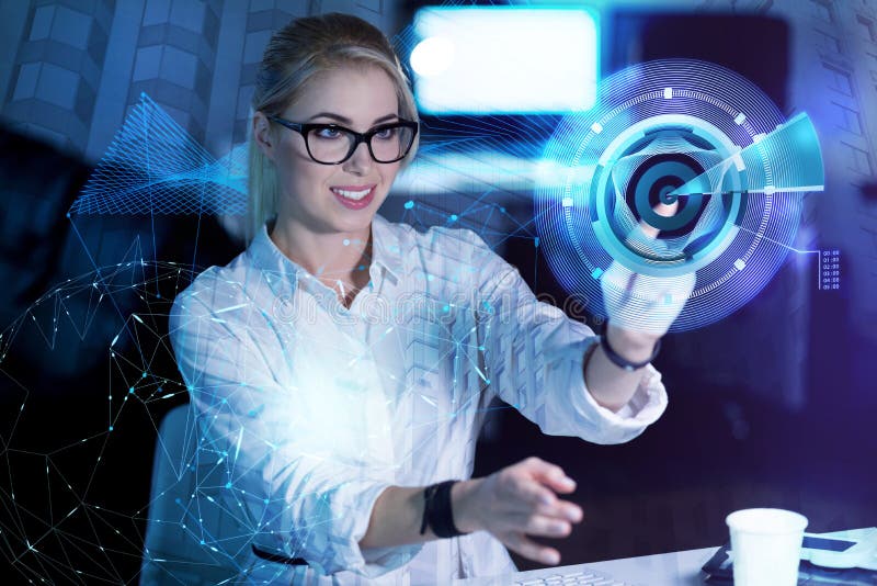 Smiling Programmer Looking Happy while Touching Visual Elements on the ... Smiling Programmer Looking Happy while Touching Visual Elements on the ...